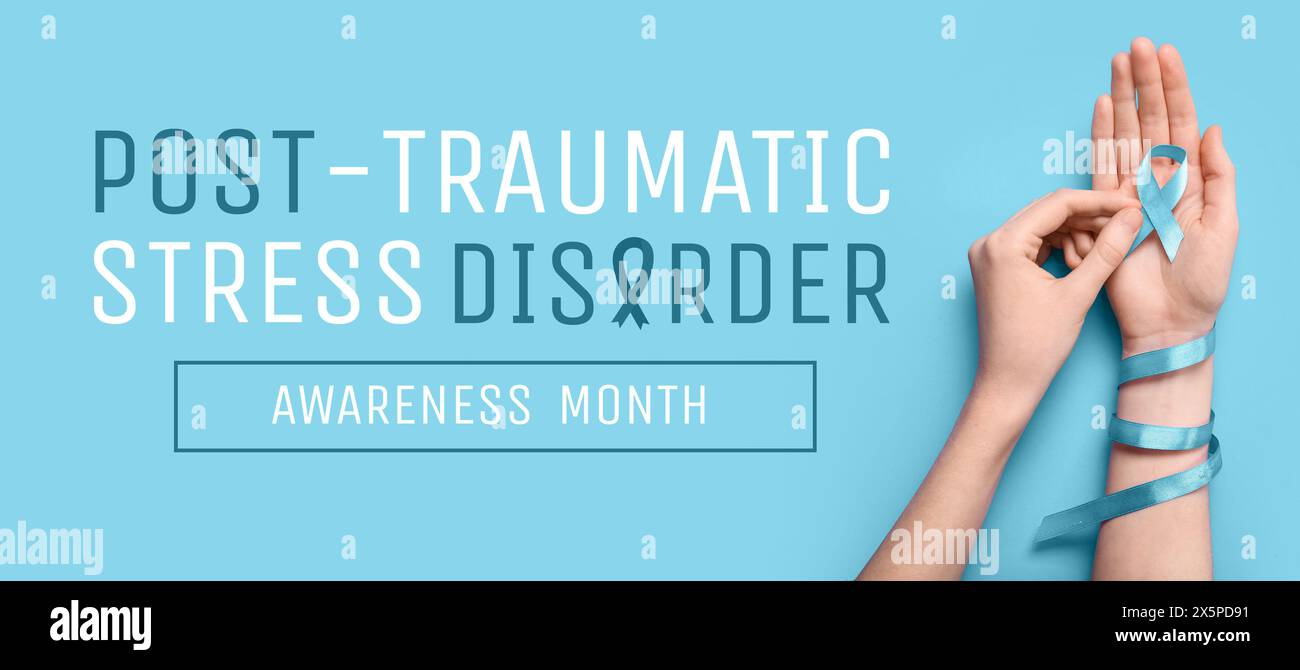 Hands holding ribbon on blue background. Post-Traumatic Stress Disorder ...