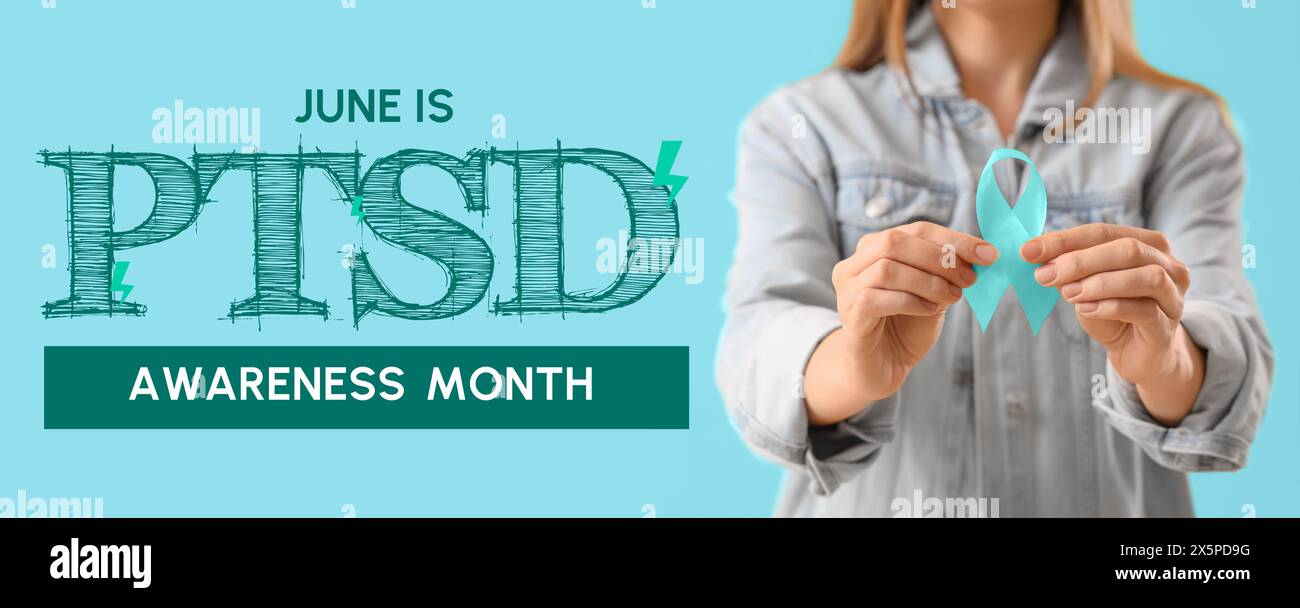 Woman with ribbon on color background. Post-Traumatic Stress Disorder ...