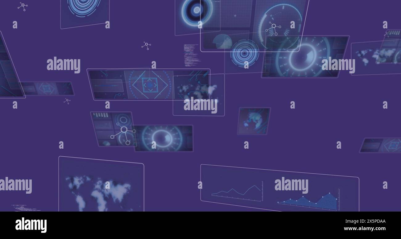 Image of floating nucleotides over circles, radars, maps and globe against abstract background ...