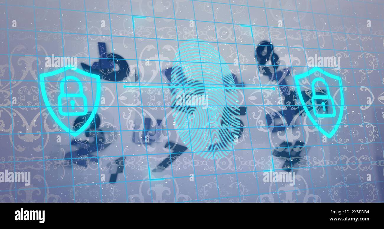 Image of scanning fingerprint, padlock in shield over multiple numbers against abstract pattern ...