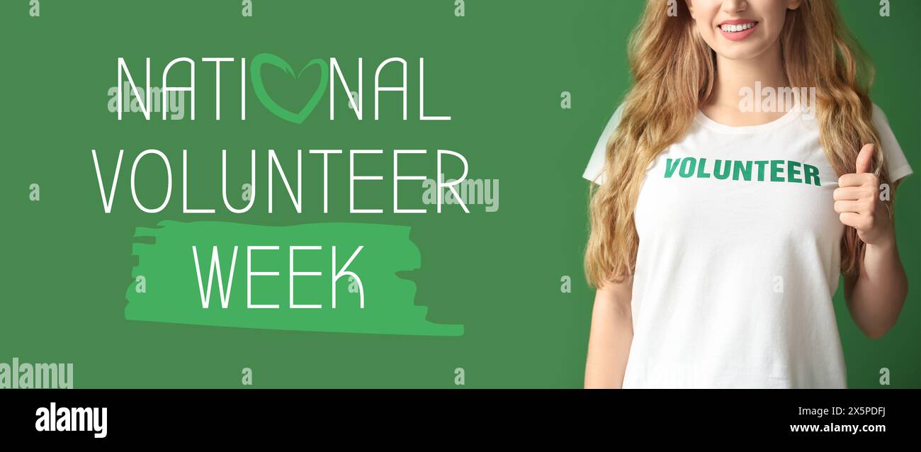 Banner for National Volunteer Week with young woman showing thumb-up on ...