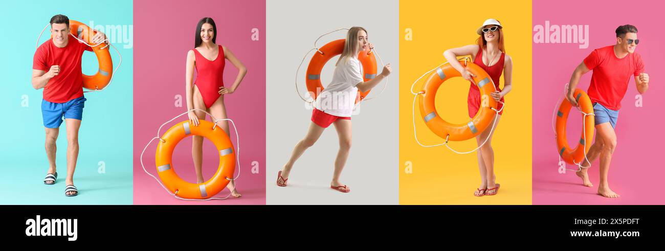 Set of lifeguards on color background Stock Photo - Alamy