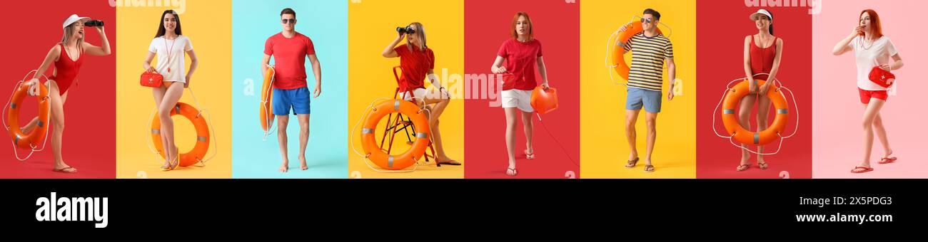 Set of lifeguards on color background Stock Photo - Alamy