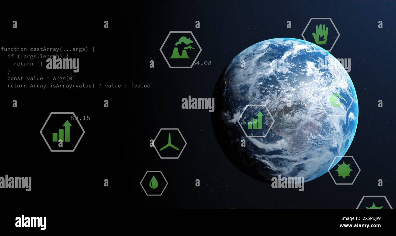 Image of eco icons and data processing over globe Stock Photo - Alamy