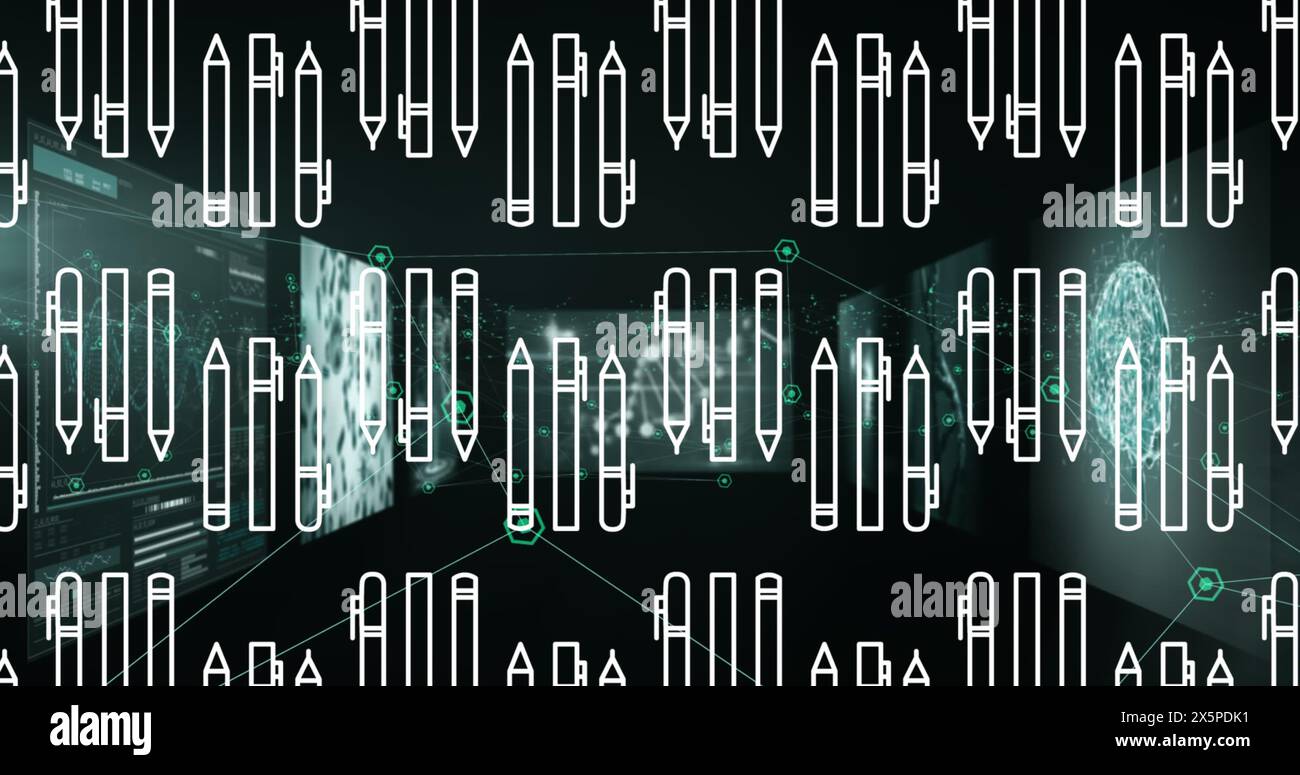 Image of pen icons over network of connections and data processing on black background Stock ...