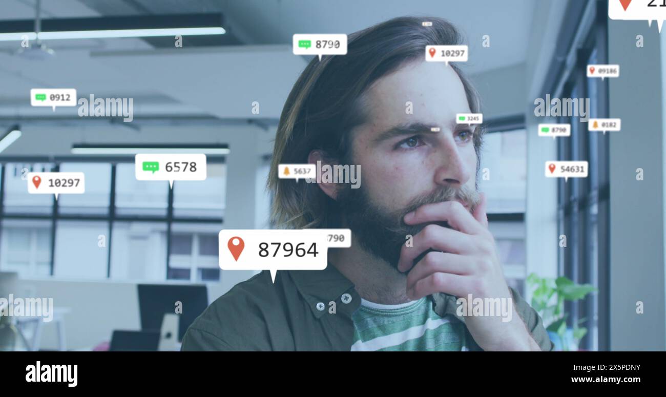 Image of social media icons with numbers over diverse business people ...