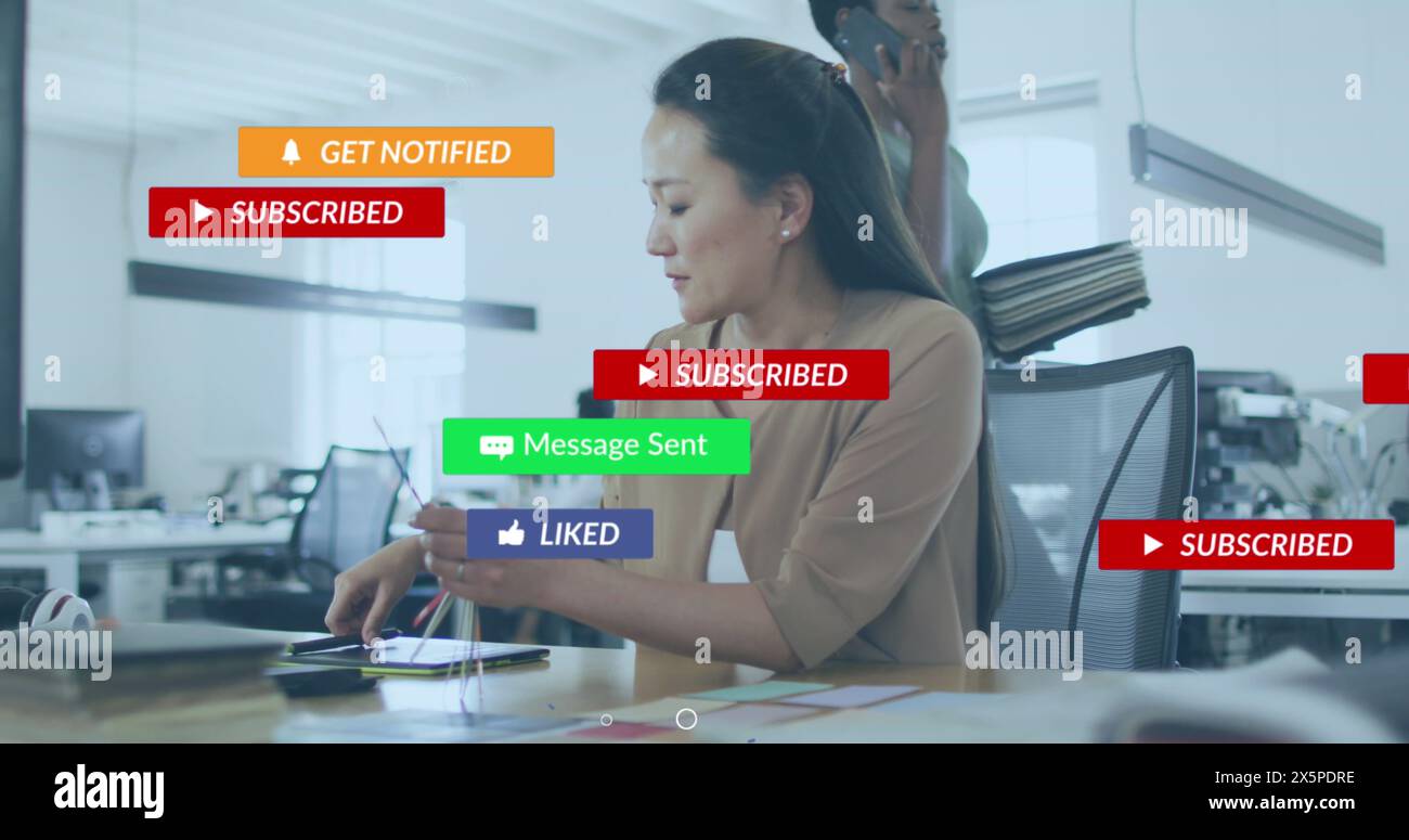 Image of social media icons with texts over diverse business people ...