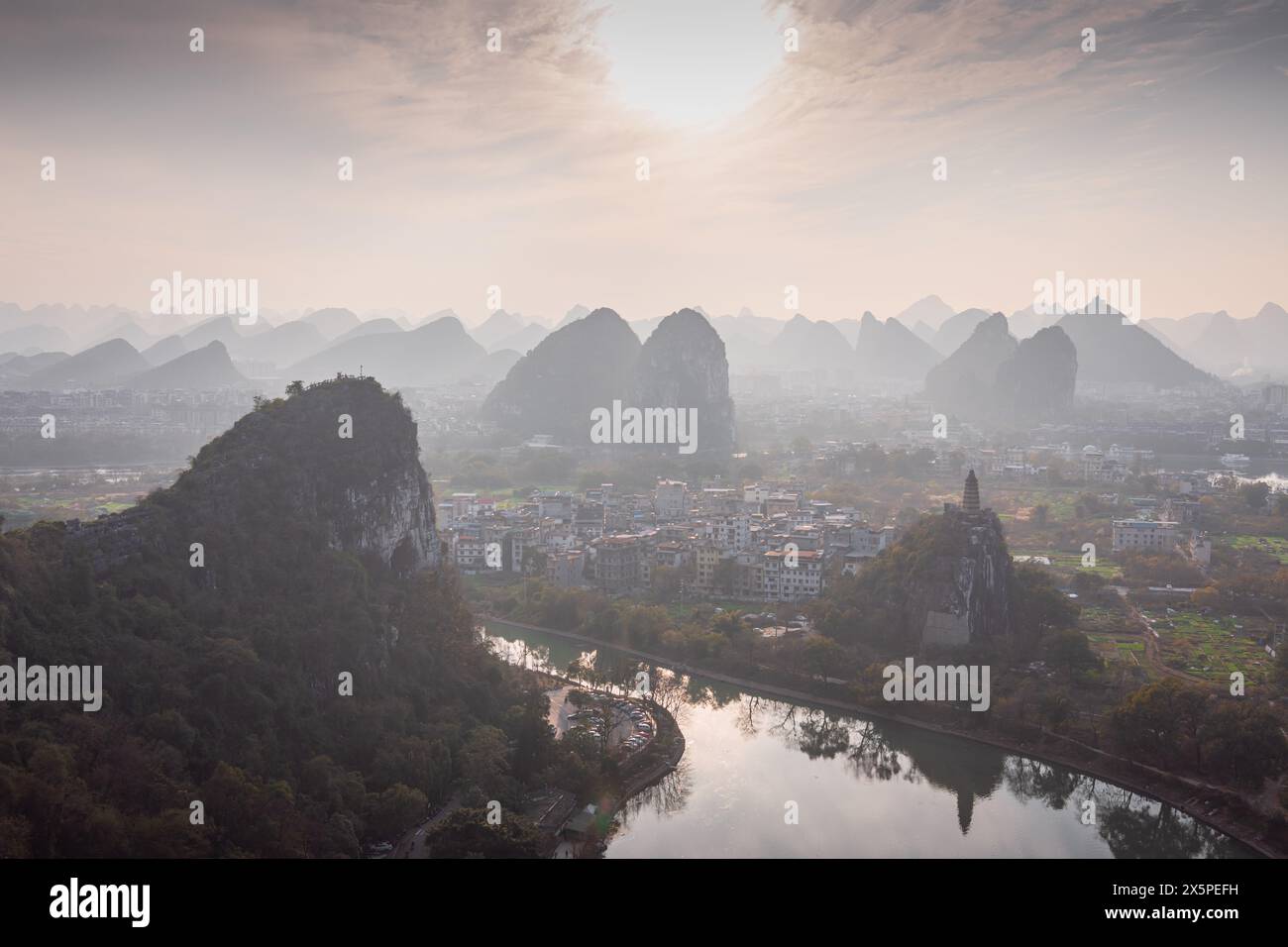 Aerial view of Lijiang River Scenic Area in Guilin, China. It is a ...