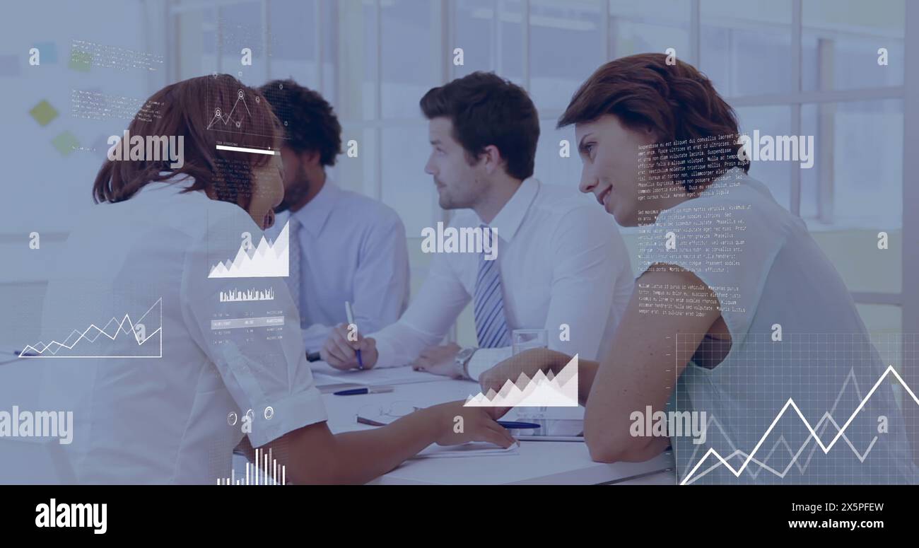 Image of graphs, map and loading circles over diverse coworkers sharing ...