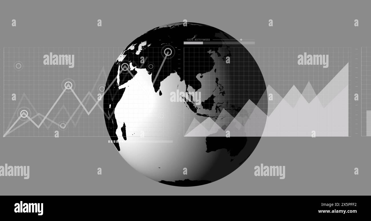 Image of interface with statistical data processing over spinning globe against grey background ...