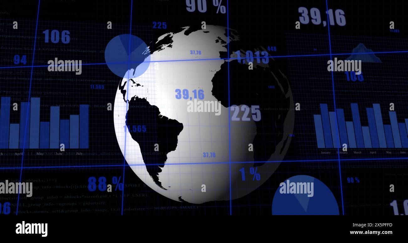 Image of statistical data processing over spinning globe against black background Stock Photo ...