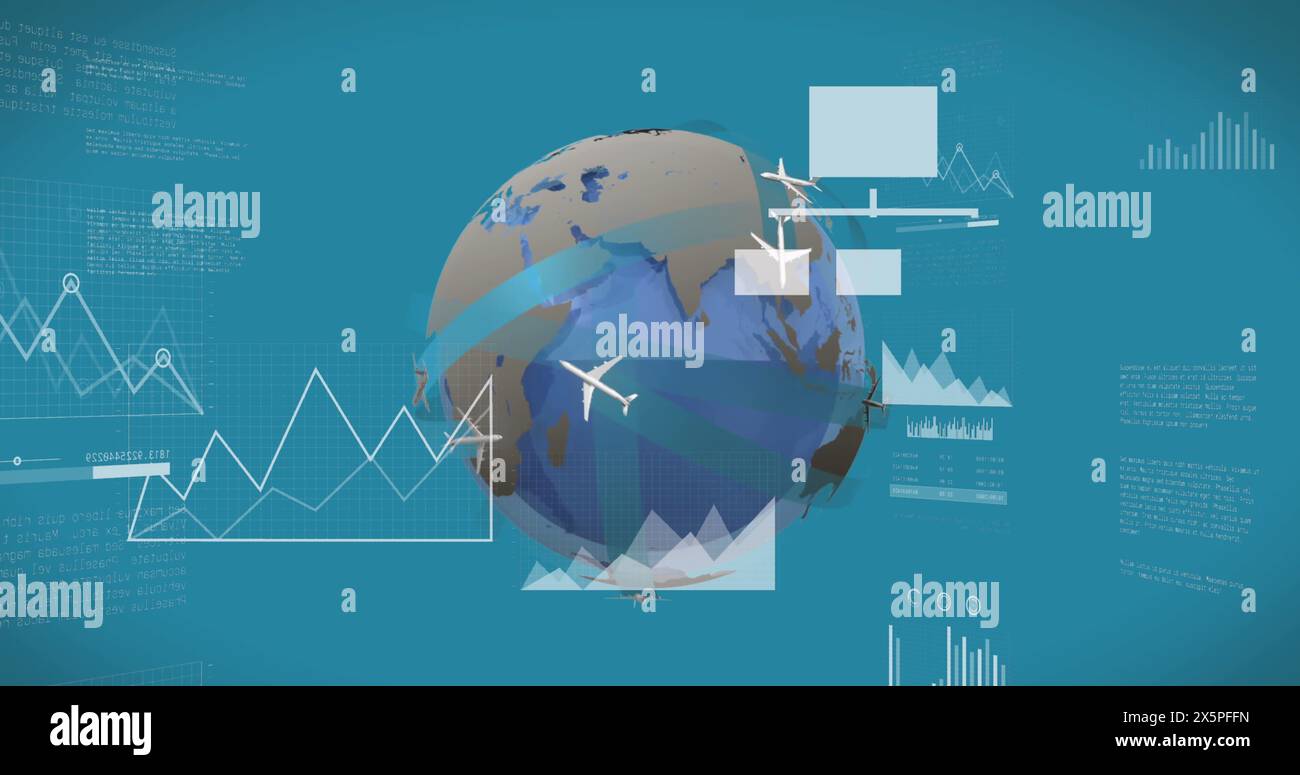 Image of statistical data processing and airplane icons over spinning globe on blue background ...