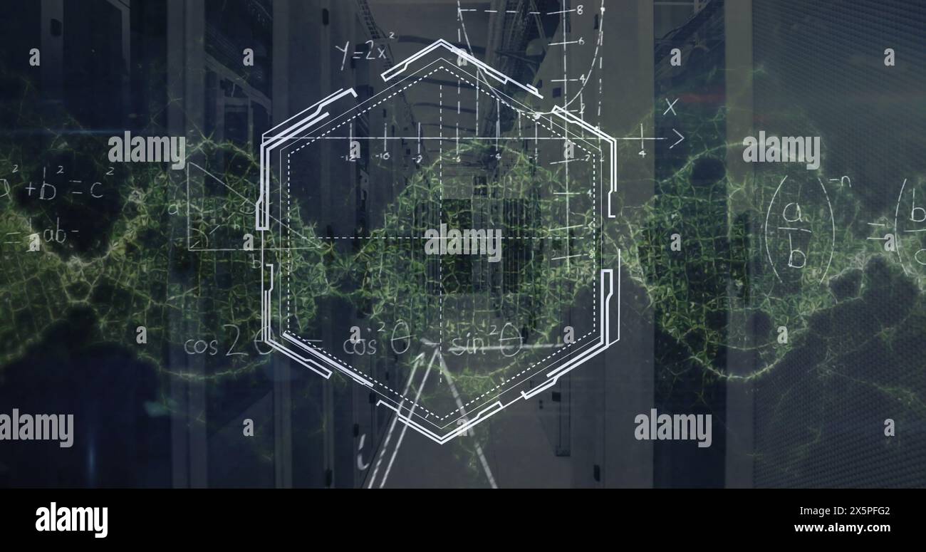 Math formulas and geometric shapes create a futuristic cityscape look ...