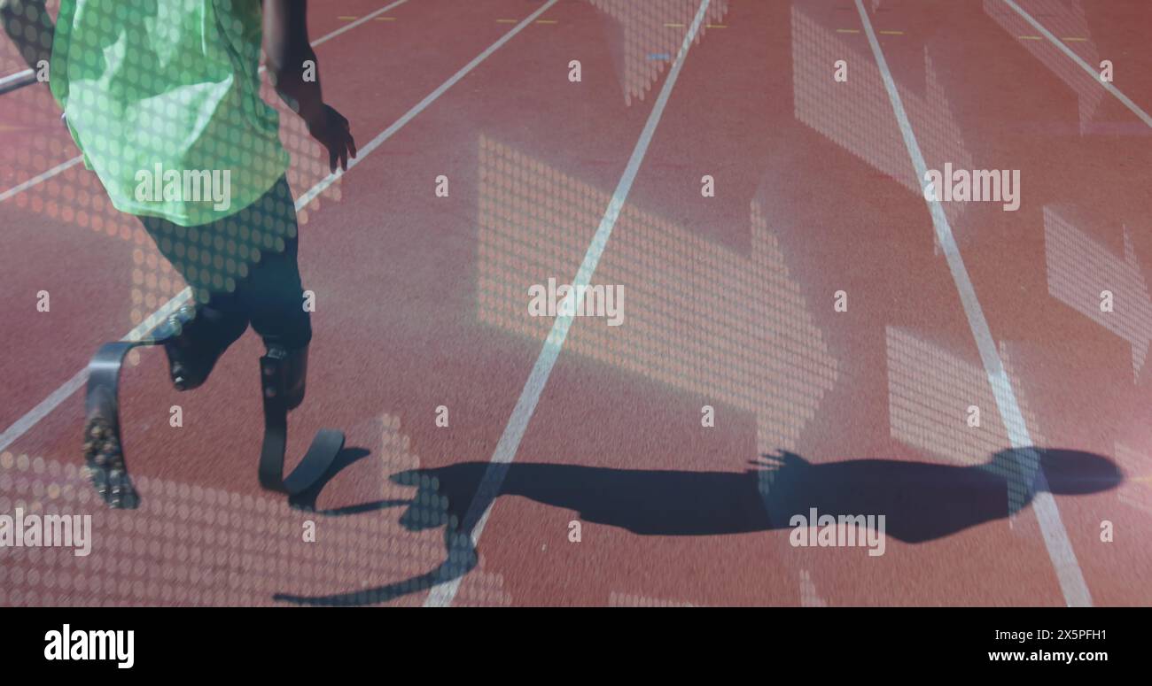 Image of digital arrows over disabled male athlete with running blades ...