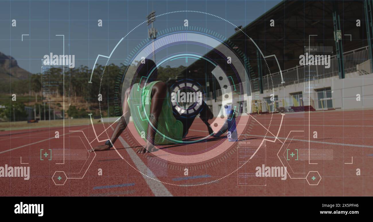 Image of data processing over disabled male athlete on racing track ...