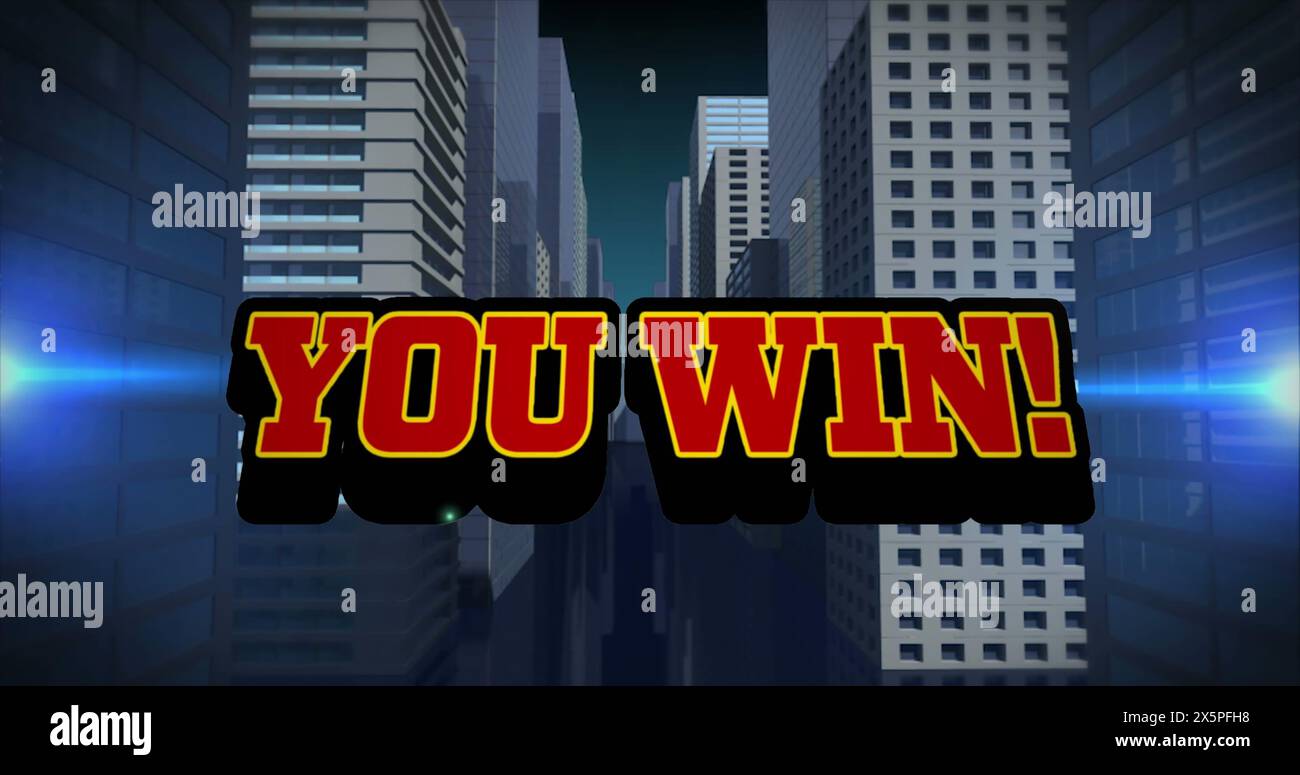 Digital image of you win text against against blue light trails over 3d ...