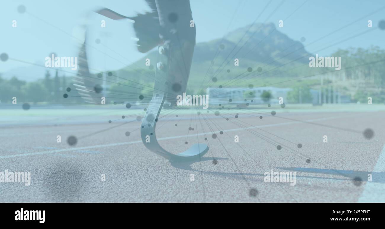 Image of network of connections over disabled male athlete with running ...