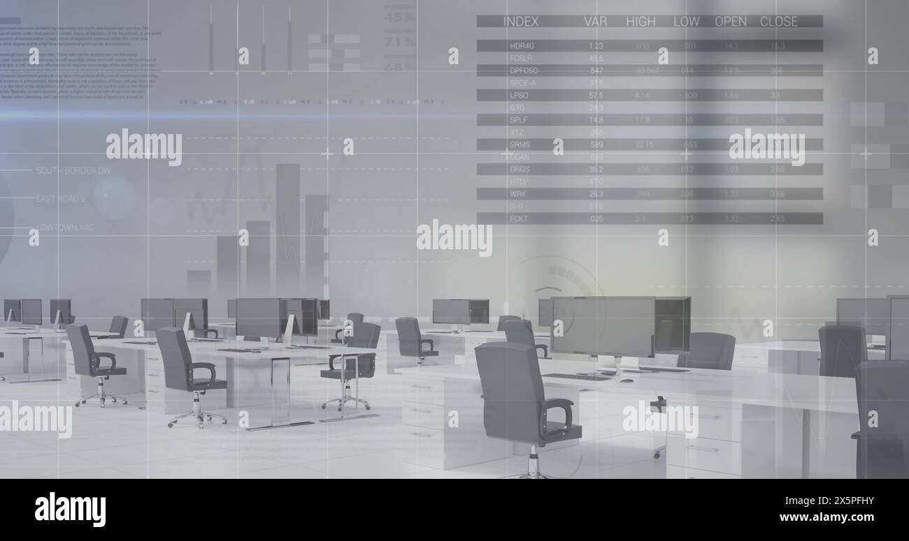 Empty office space with multiple desks and chairs, showing financial ...