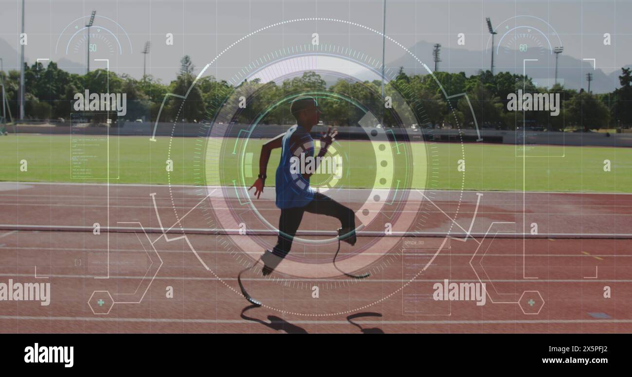 Image of data processing over disabled male athlete with running blades ...