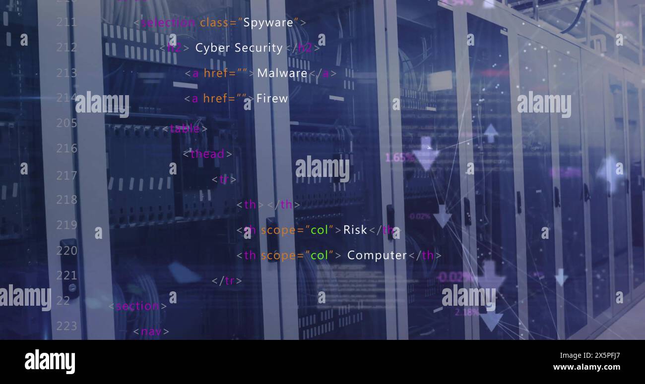 Image of connected arrows and computer language over data server racks in server room Stock ...