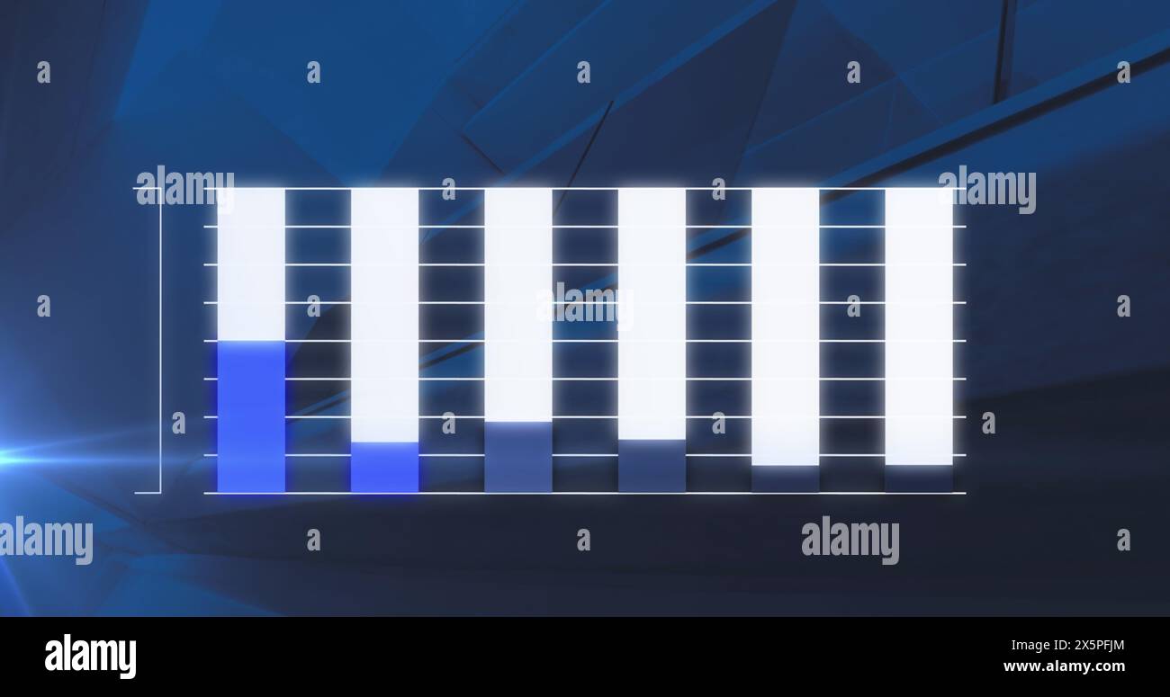 Bar graph shows multiple white and one blue bar on a blue geometric ... Bar graph shows multiple white and one blue bar on a blue geometric ...