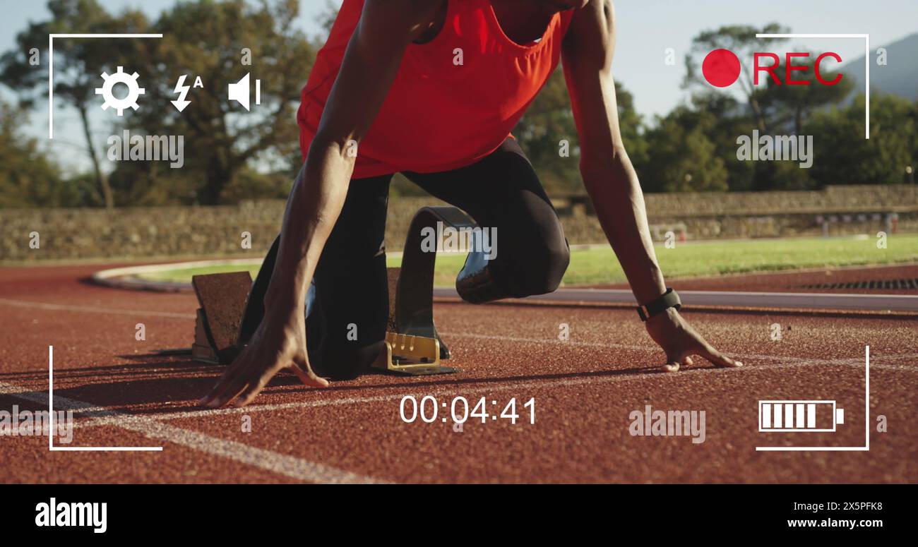 Image of camera digital interface over disabled male athlete on racing ...