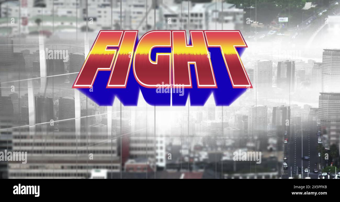 Digital image of fight text against tall buildings and cityscape Stock ...