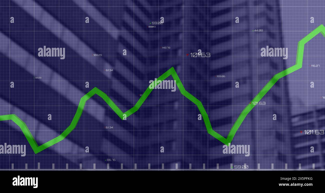 Green line graph displaying upward trend over building silhouettes ...