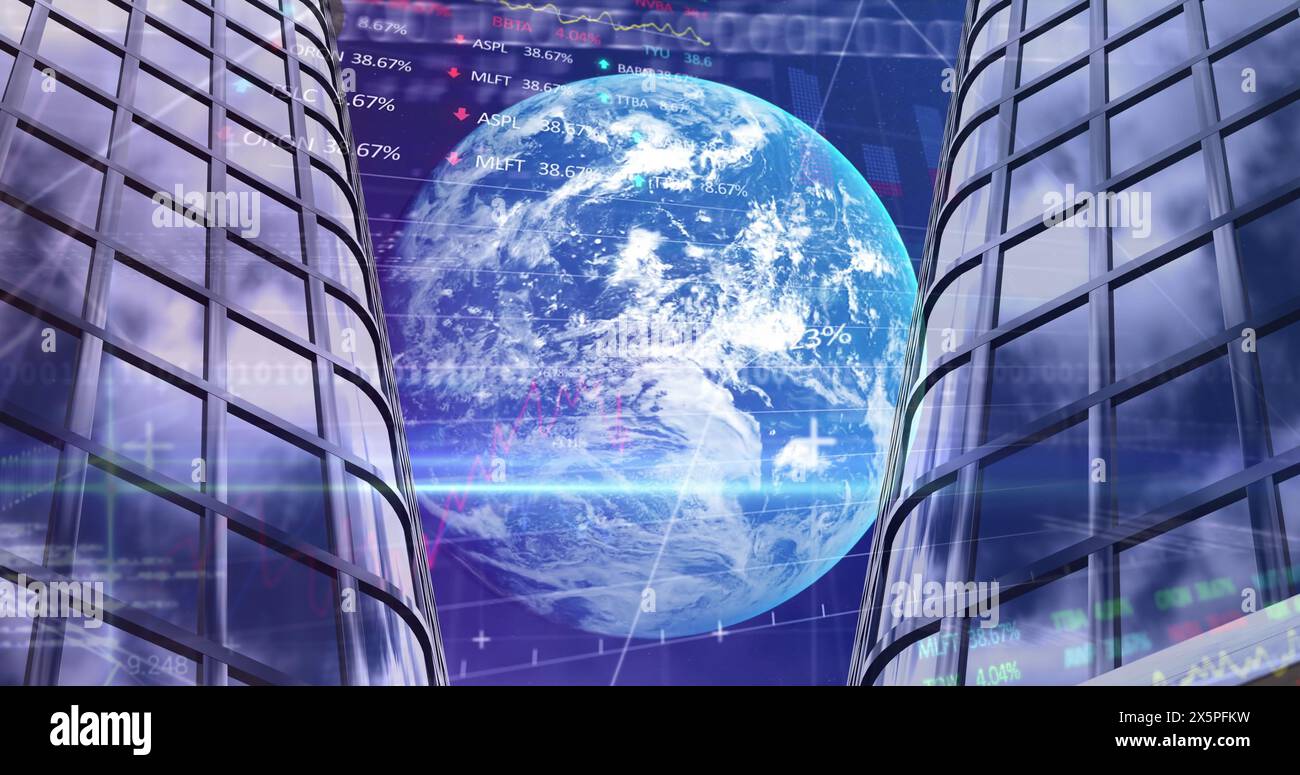 A glowing digital globe displaying between skyscrapers, numbers ...