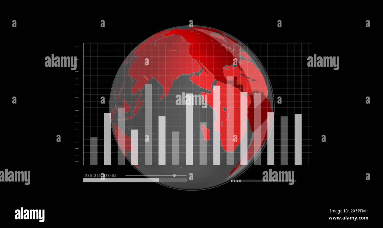 Image Of Interface With Statistical Data Processing Over Spinning Globe Against Black Background