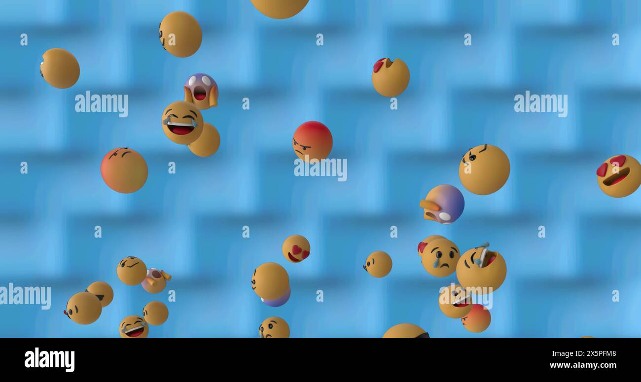 Digital image of multiple face emojis floating over geometric design ...