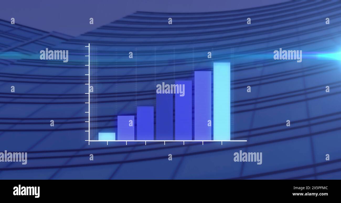 Blue bar graph with rising values against a curved, grid-lined backdrop ...
