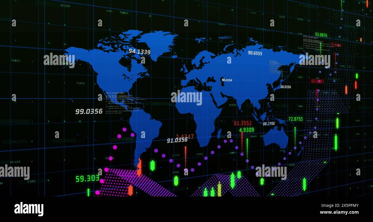Image of financial data processing over world map Stock Photo - Alamy