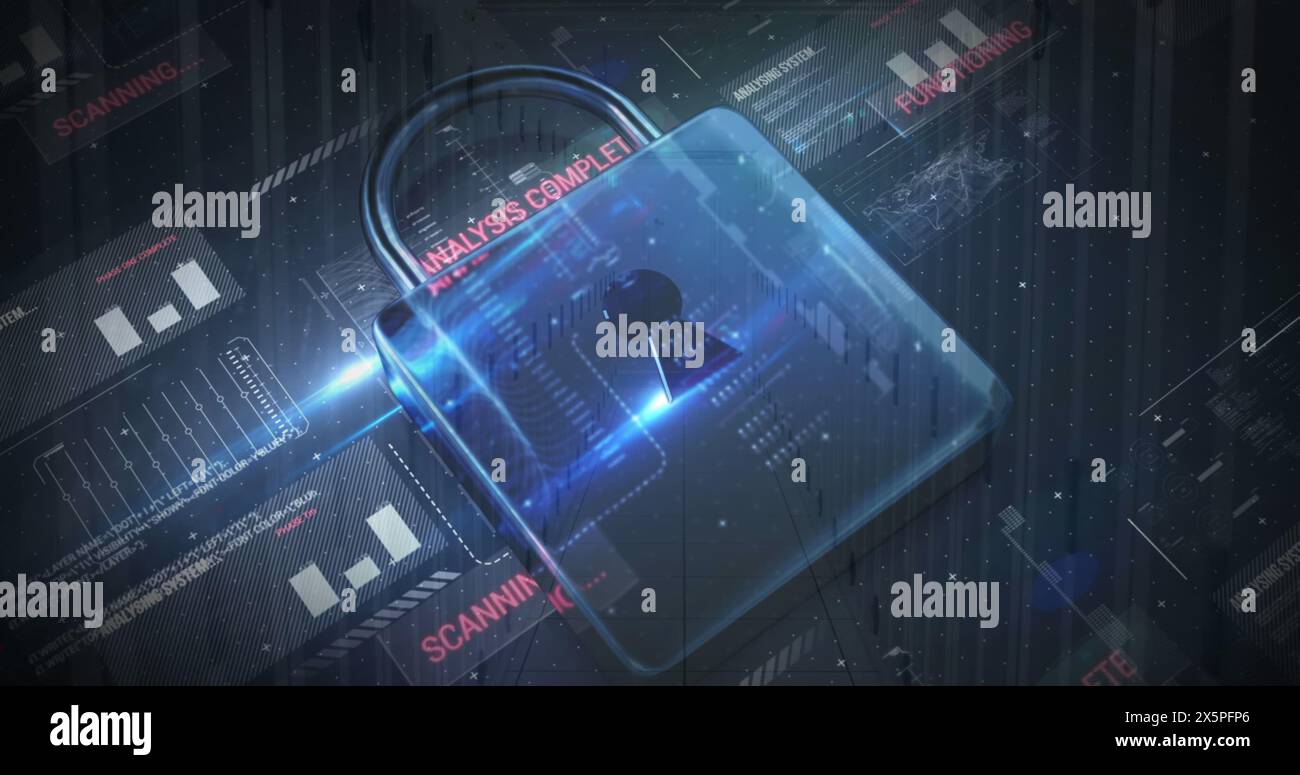 Image of cyber attack warning and padlock icon over server room Stock ...