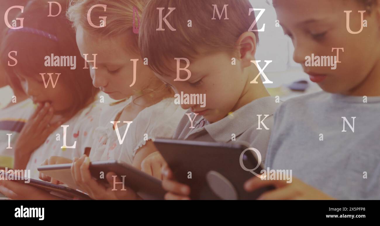 Image of letters over happy school children using tablets Stock Photo - Alamy