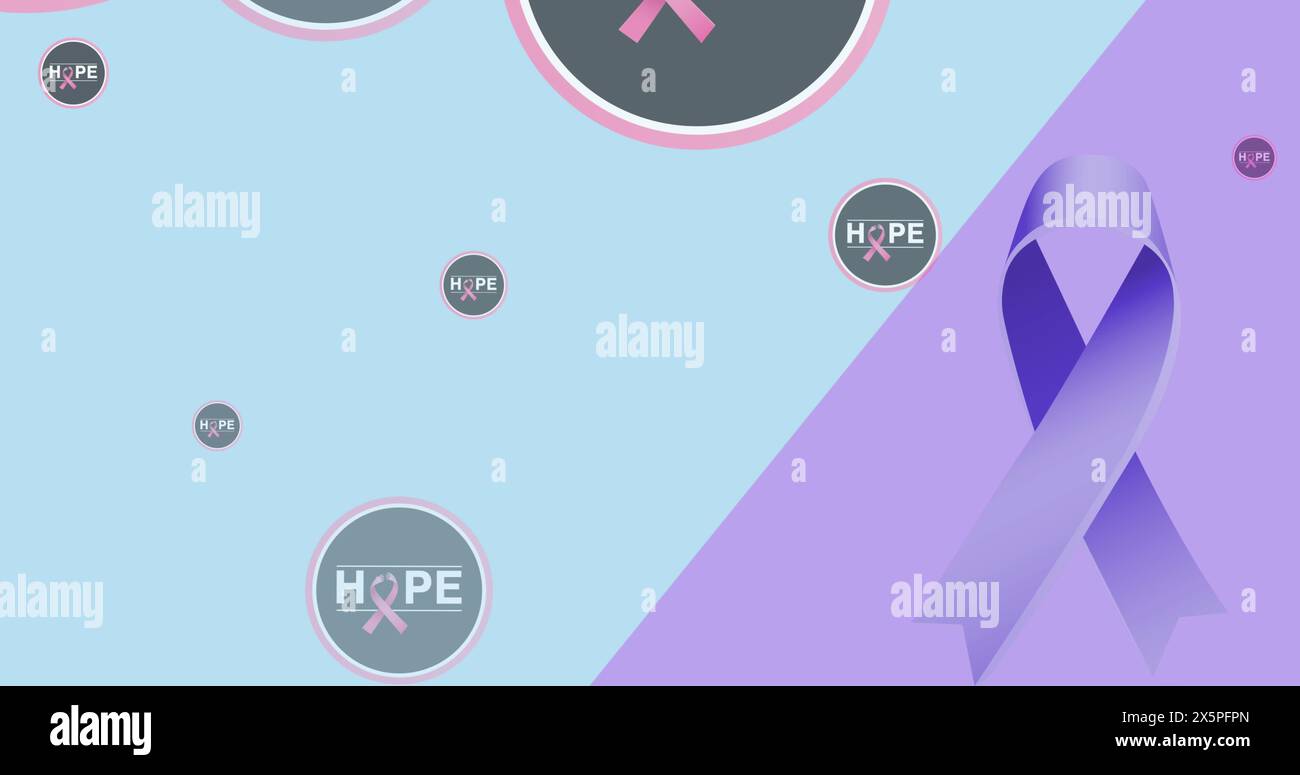 Image of hope in circles with ribbon over blue and violet background ...