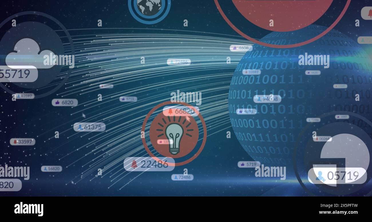 Image of social media icons and numbers over binary coding globe Stock Photo - Alamy
