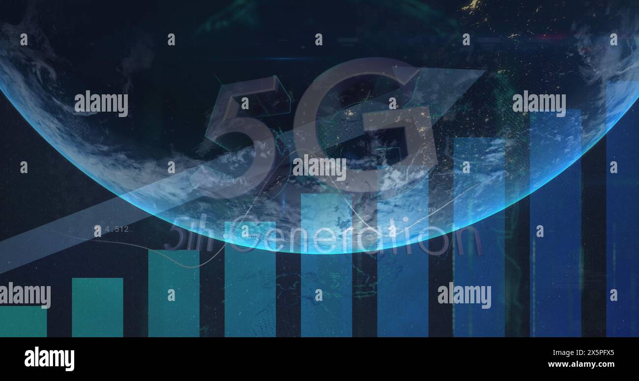Image of statistics and data processing with 5g text and arrow over globe Stock Photo - Alamy