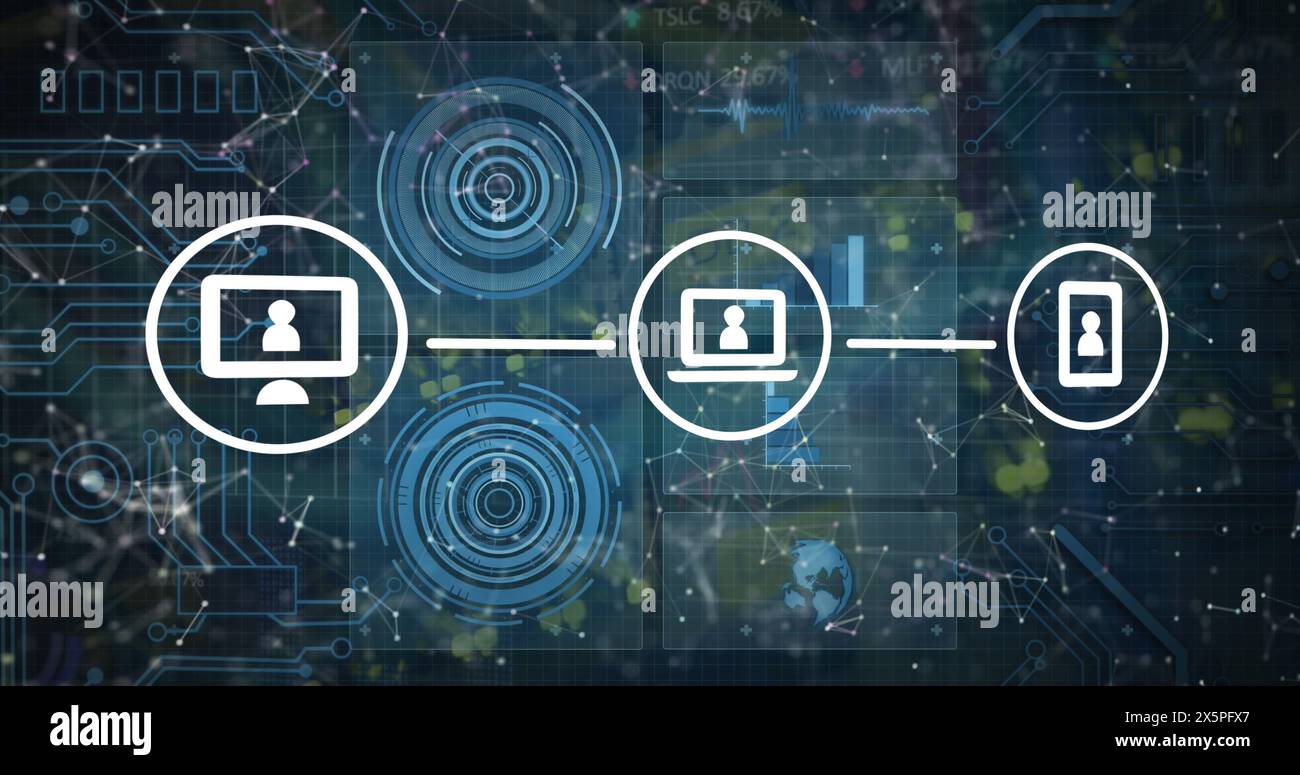 Image of media icons over data processing Stock Photo - Alamy