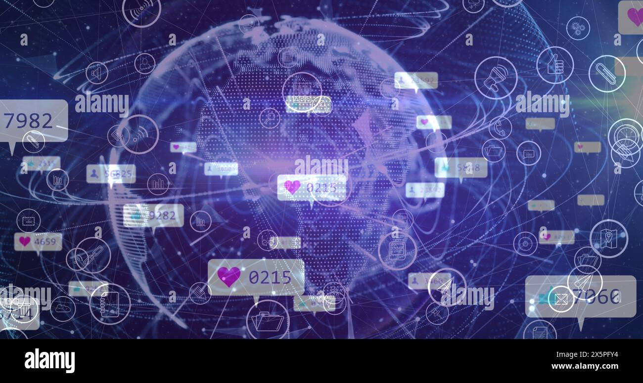 Image of social media icons and numbers over globe Stock Photo - Alamy