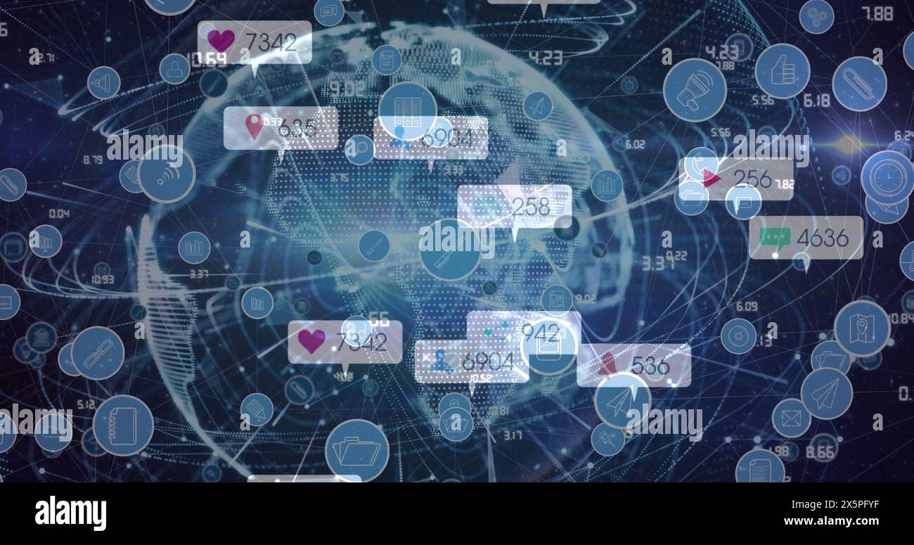 Image of social media icons and numbers over globe Stock Photo - Alamy