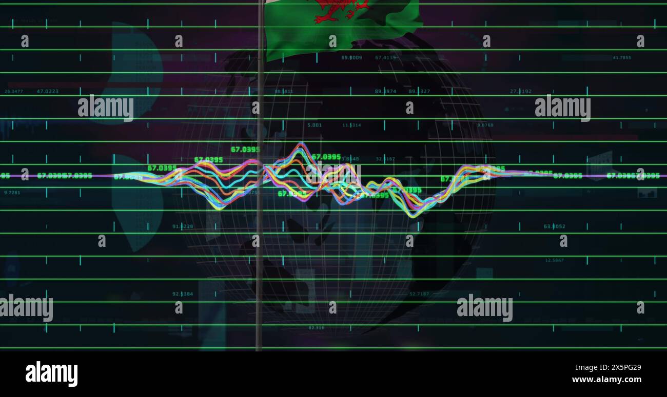 Image of financial data processing against waving wales flag and ...