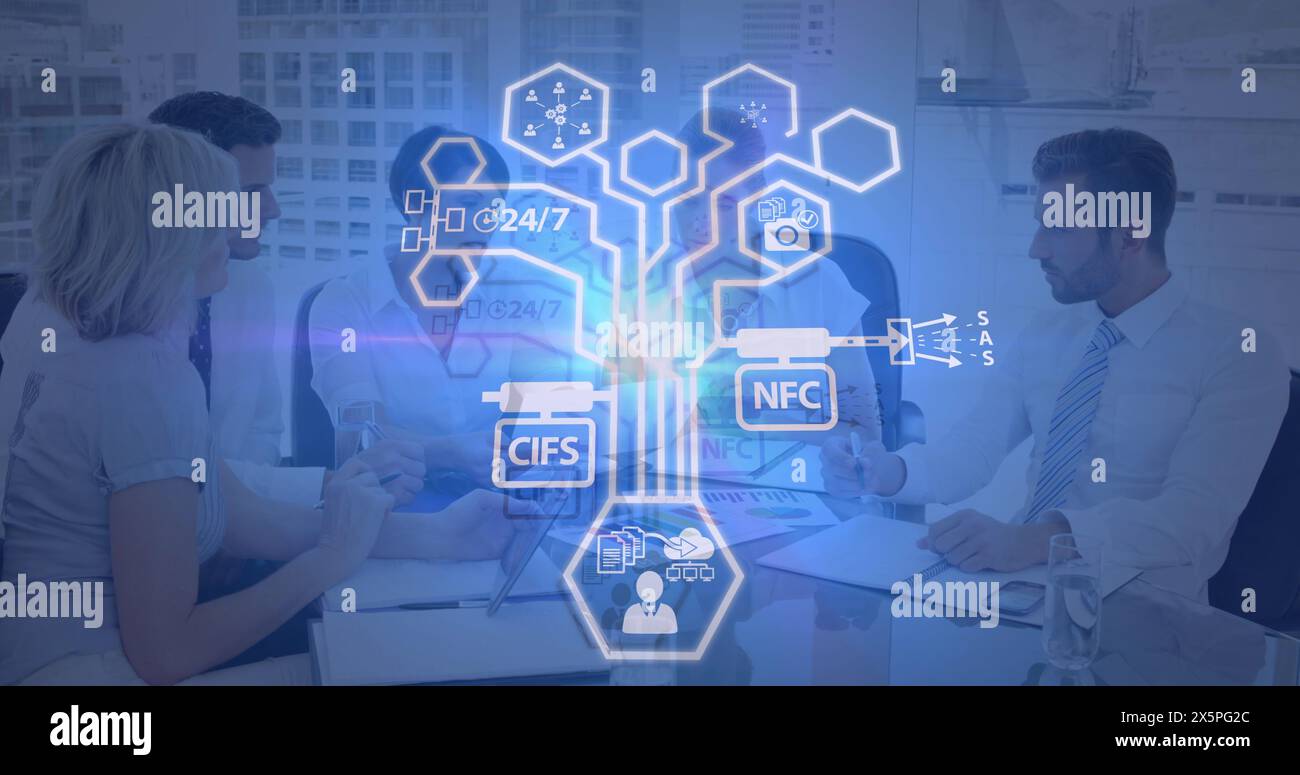 Image of graph with icons over diverse group of business people Stock ...