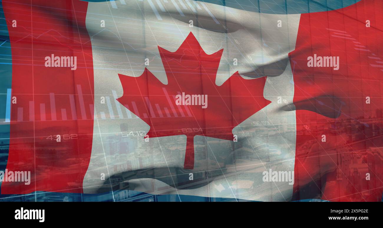 Image of statistical data processing over canada flag against aerial ...