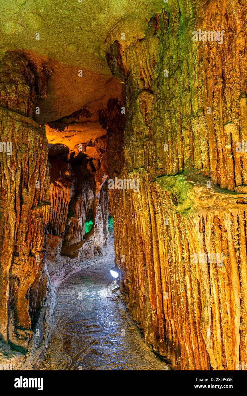 Stone stairs in Silver Cave, natural limestone cave with multicolored ...