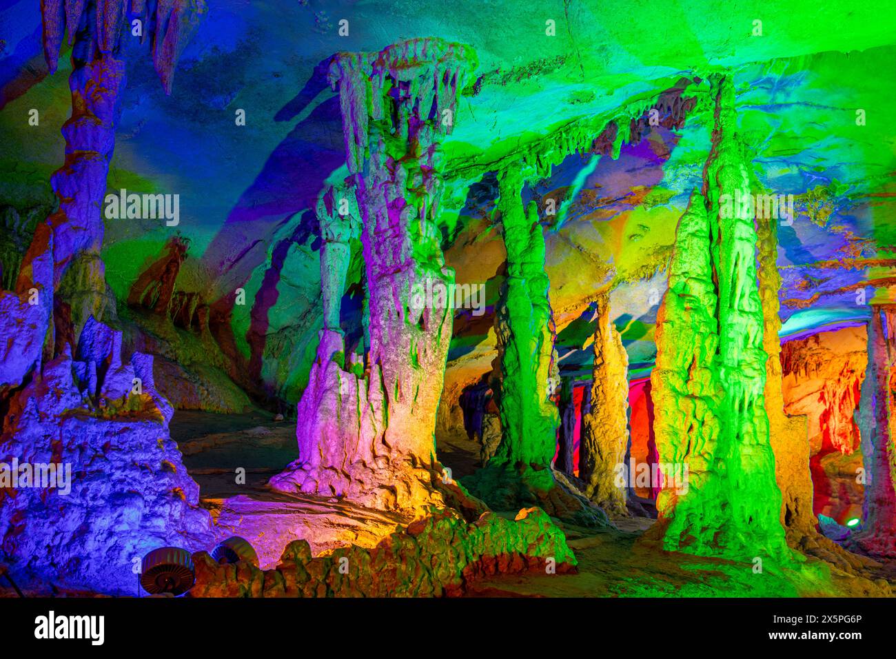 The Silver Cave, natural limestone cave with multicolored lighting in ...