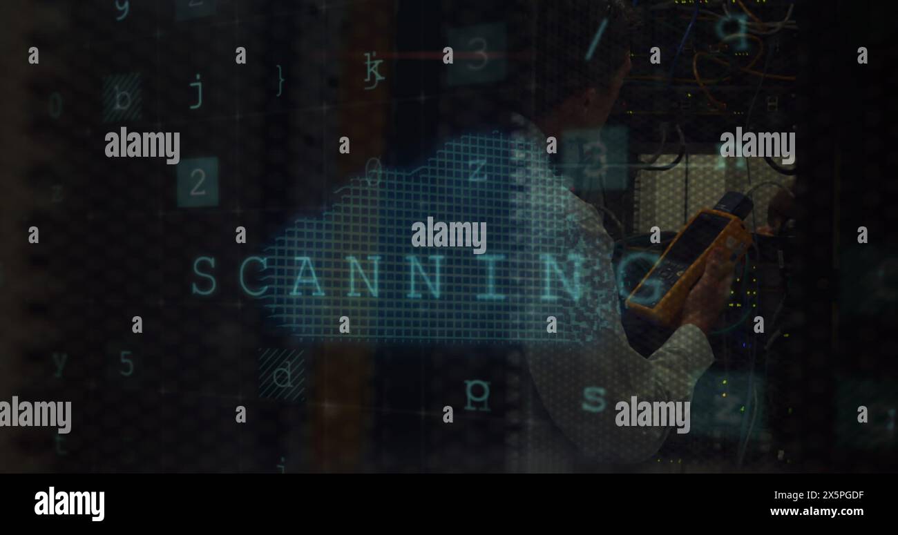 Image Of Cyber Security Data Processing Against Caucasian Male Engineer Working At Server Room