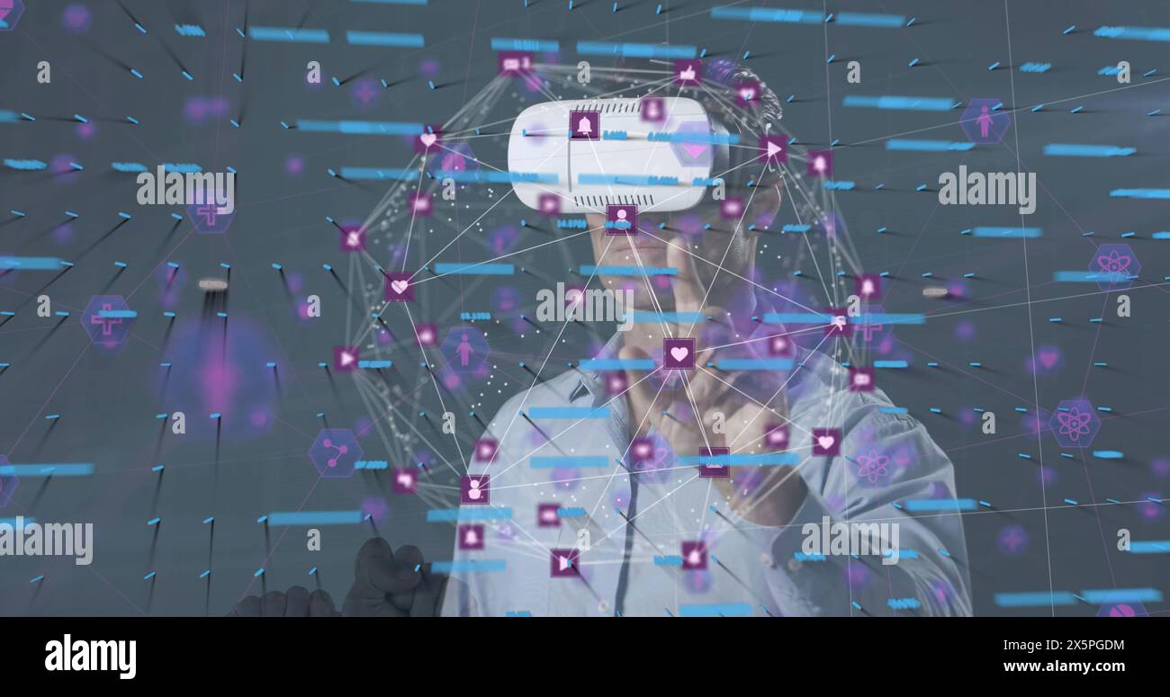 Image of network of connections with icons over caucasian men wearing ...