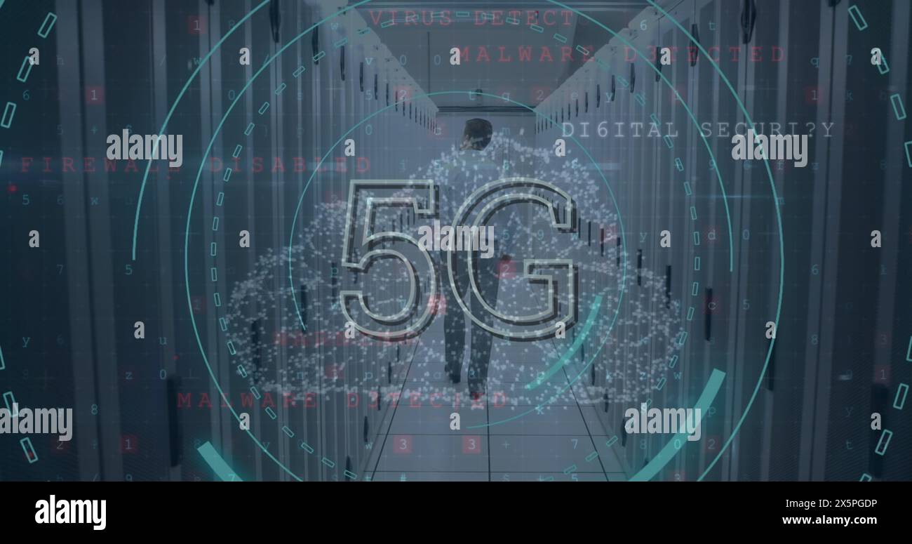Image of 5g text and security padlock icon against male engineer walking in server room Stock ...