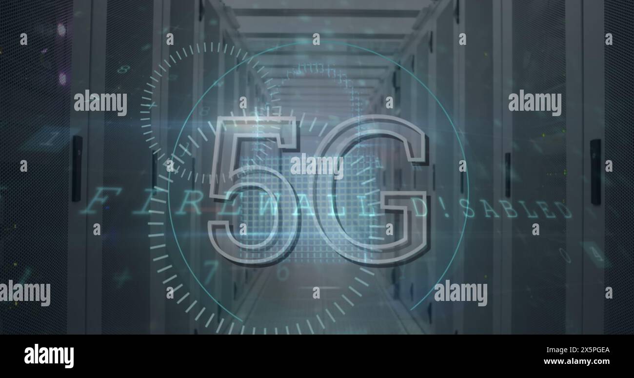 5g text, cyber security data processing and cloud icon against empty computer server room Stock ...